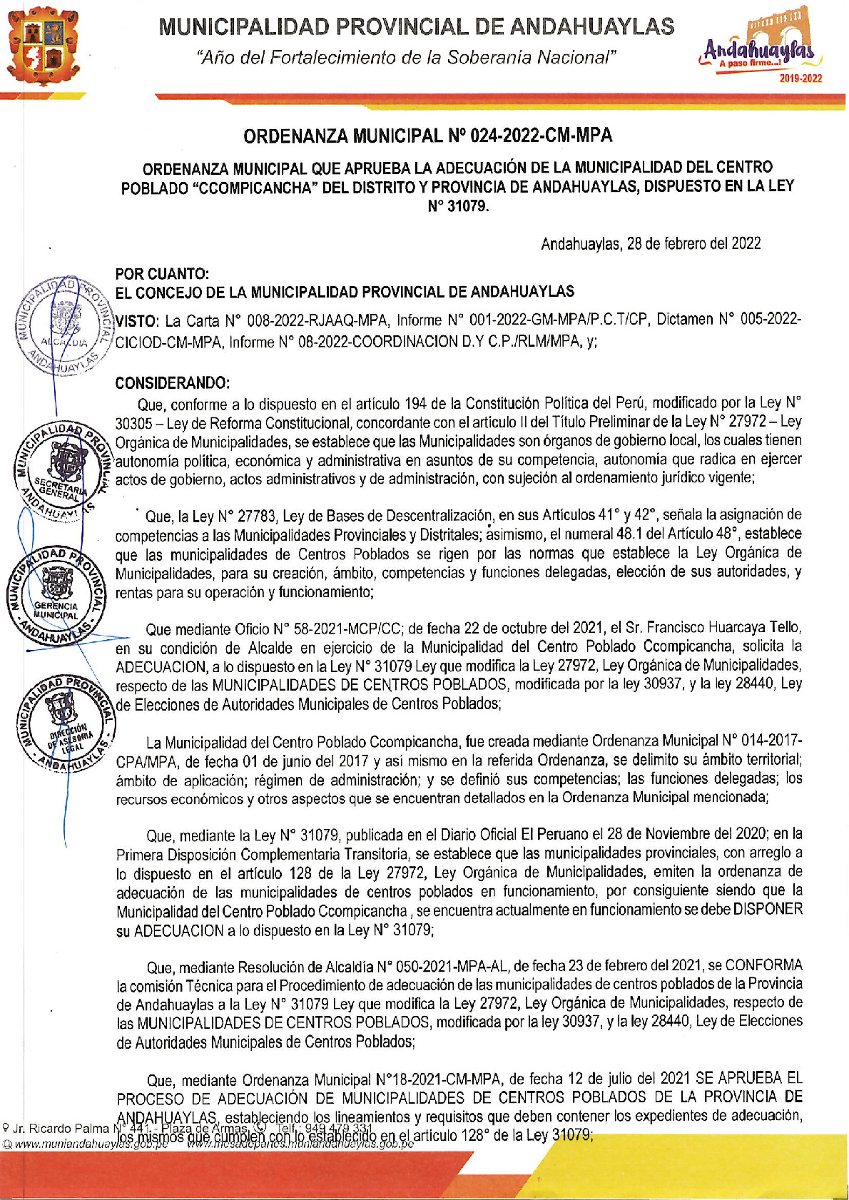 ADECUACION de la MUNICIPALIDAD DEL CENTRO POBLADO CCERABAMBA ANDINA | SINIA